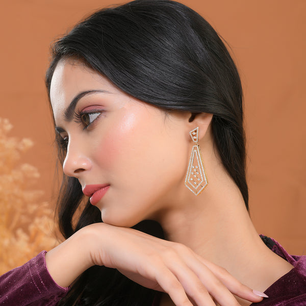 Sparkling Elegance Art Deco American Diamond Gold Dangler Earrings – VOYLLA