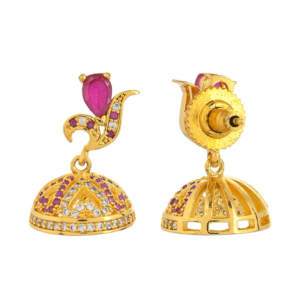 CZ Traditional Gold Plated Red & White Jhumka Earrings – VOYLLA