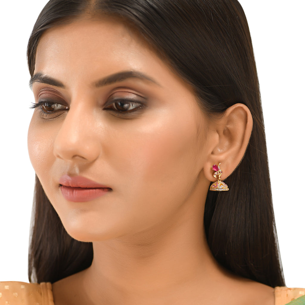 CZ Traditional Gold Plated Red & White Jhumka Earrings – VOYLLA