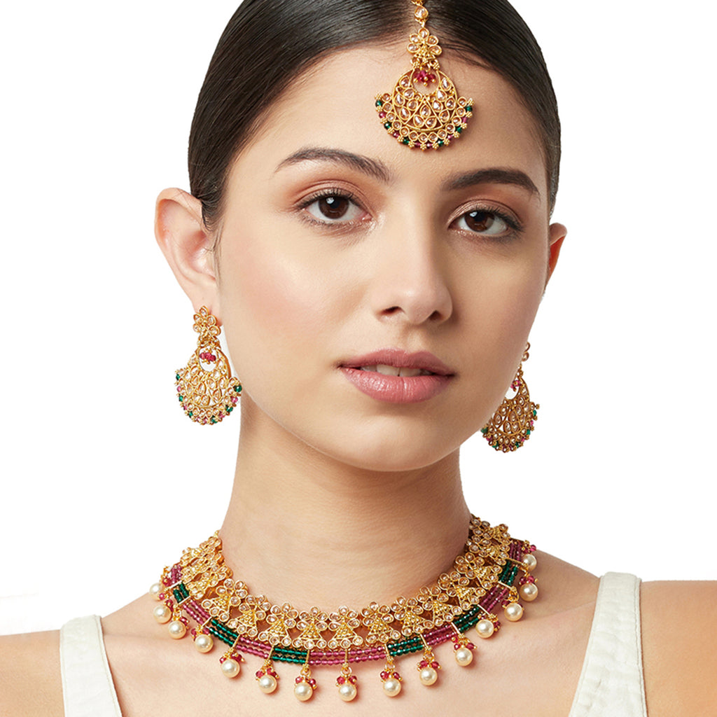 Gold Opulence Gold Finish Maang Tika Set with Maroon and Green Colours ...