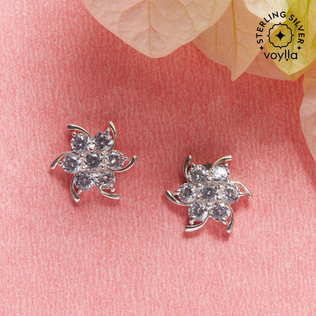 Star Shaped Round Cut Zircons Embellished Sterling Silver Stud Earring ...