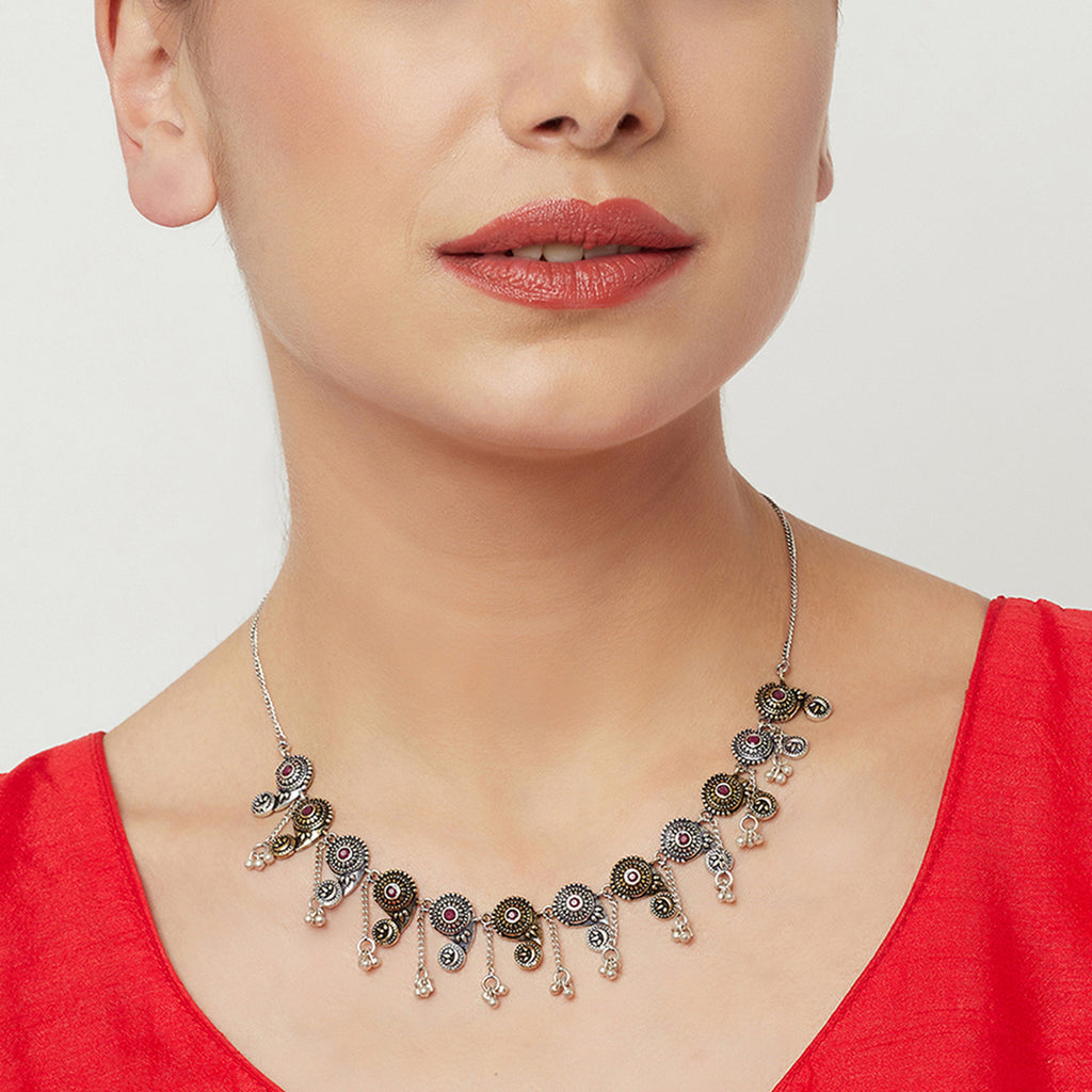 Chamba Silver Plated Circles Pattern Brass Necklace – VOYLLA