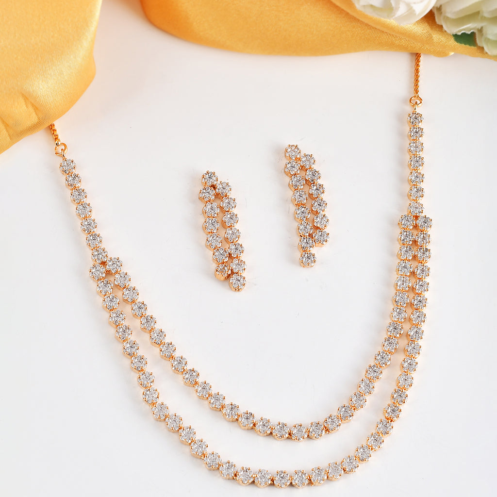 Cz Elegance Double Chain Gold Plated Necklace Set – VOYLLA