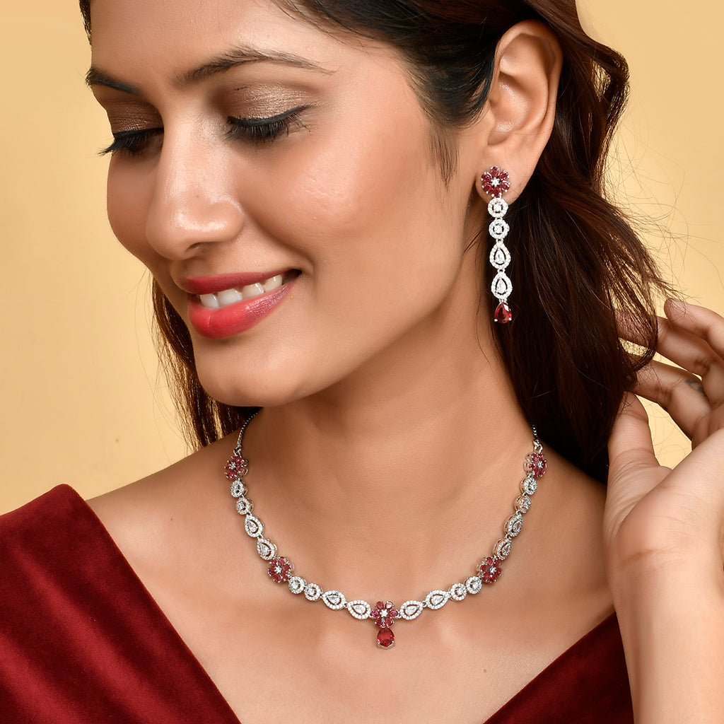 Sparkling Elegance Red and White CZ Floral Jewellery Set – VOYLLA
