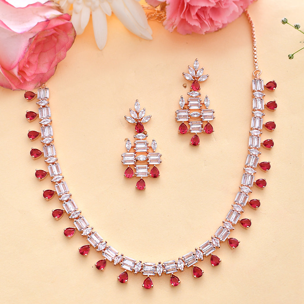 Sparkling Elegance Long Necklace Red and White CZ Jewellery Set – VOYLLA