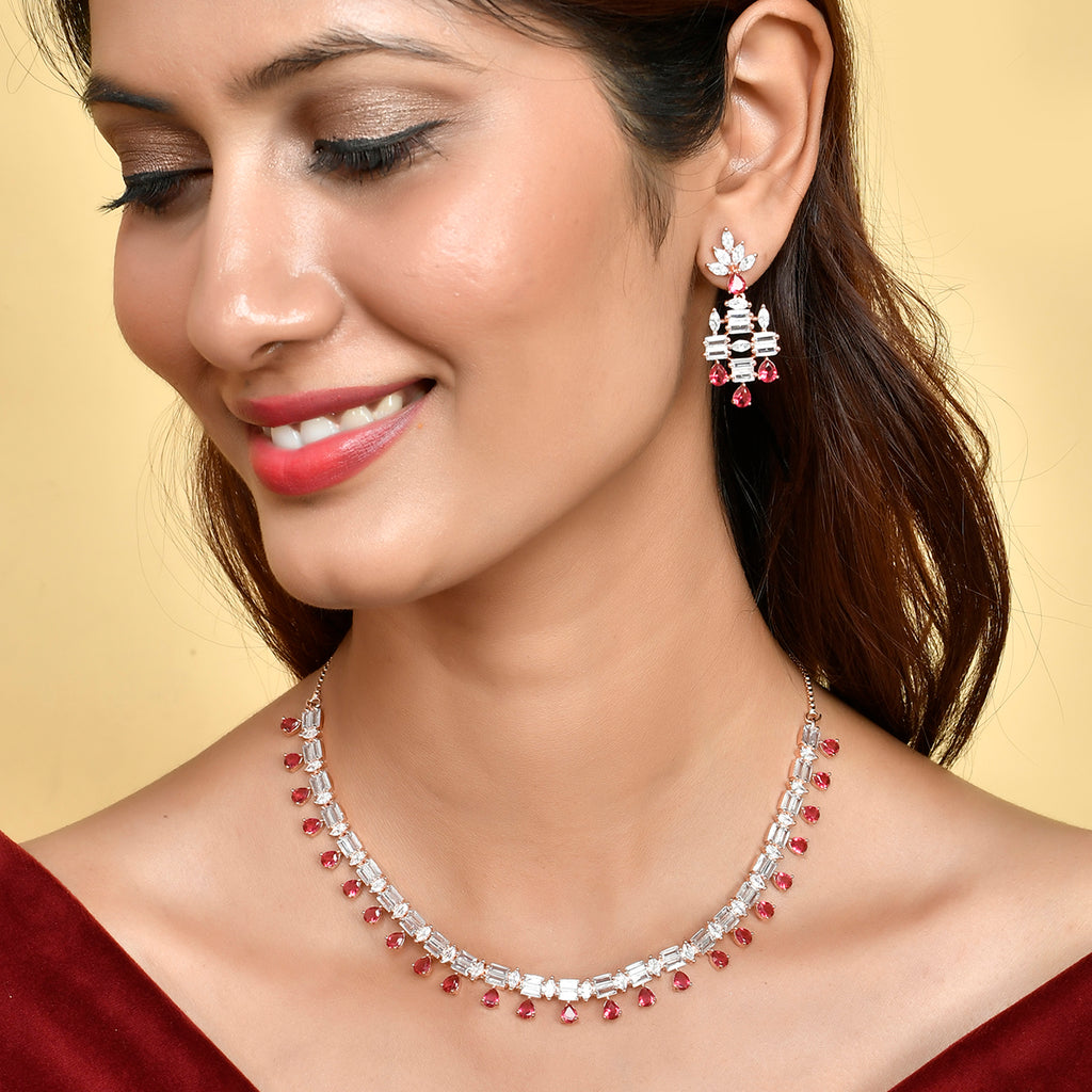 Sparkling Elegance Long Necklace Red and White CZ Jewellery Set – VOYLLA