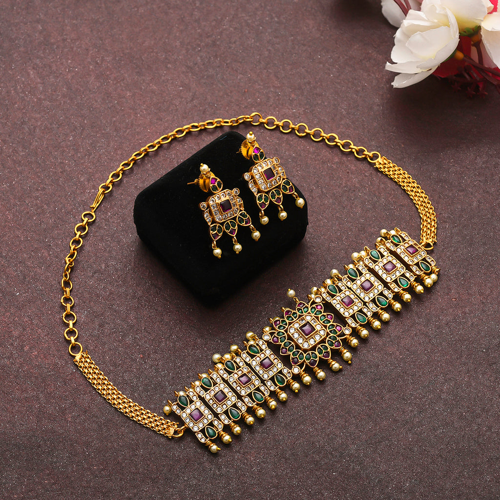 Faux Pearls and CZ Adorned Ethnic Brass Gold Plated Jewellery Set – VOYLLA