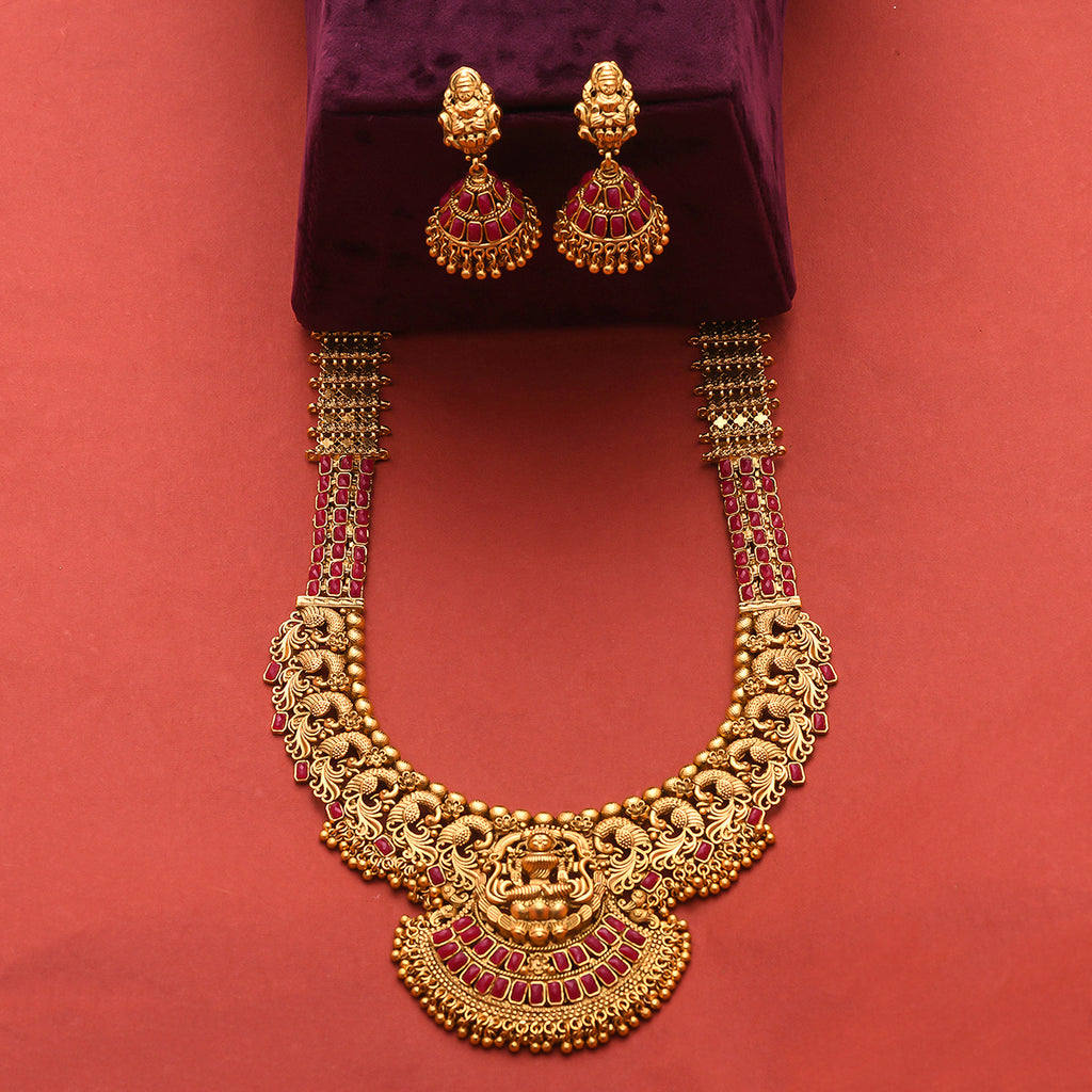 Antique Inspired Gold Toned CZ Adorned Brass Temple Jewellery Set – VOYLLA