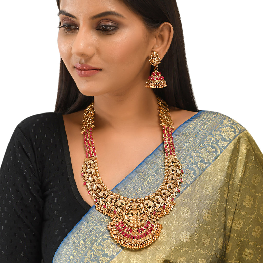 Antique Inspired Gold Toned CZ Adorned Brass Temple Jewellery Set – VOYLLA