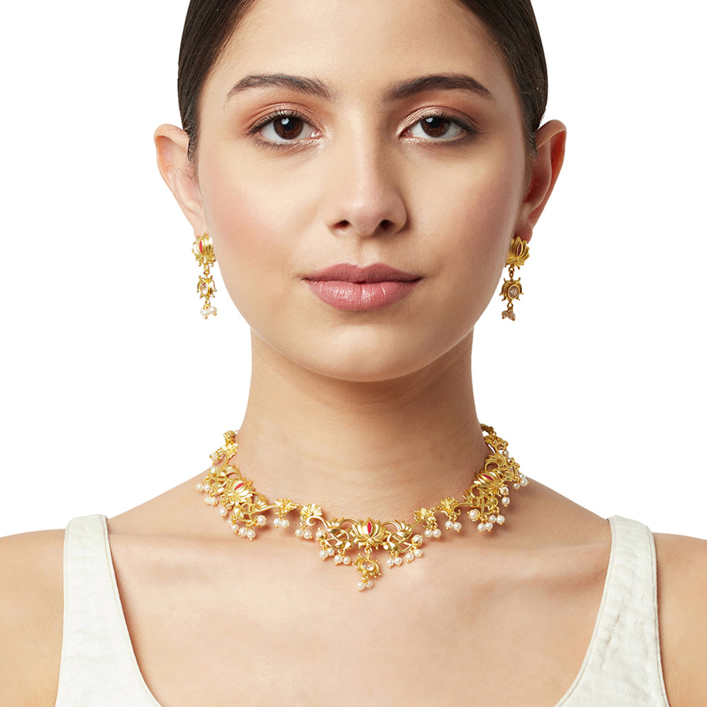 Apsara Faux Pearls Adorned Brass Lotus Motifs Gold Plated Jewellery Se ...