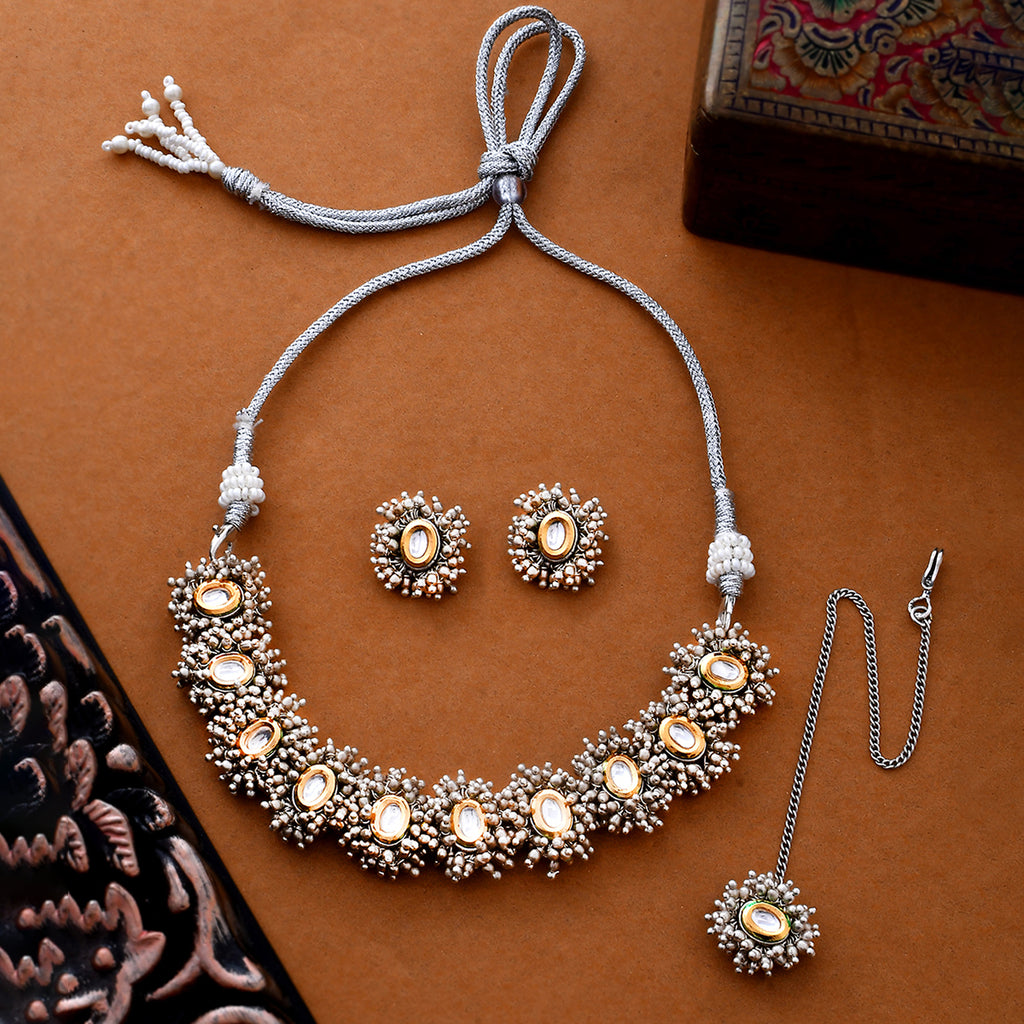 Veerangana White Pearls and Kundan Studded Maang Tika Set – VOYLLA