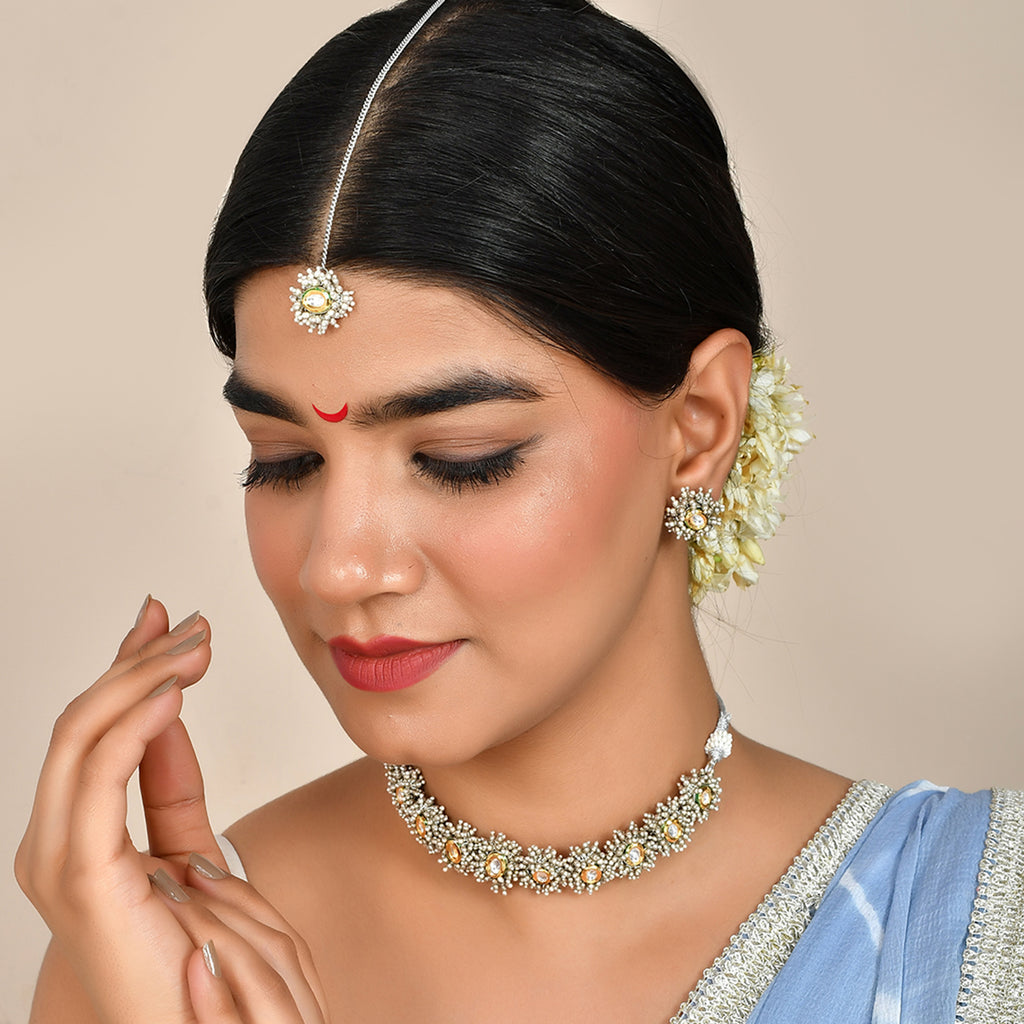 Veerangana White Pearls and Kundan Studded Maang Tika Set – VOYLLA