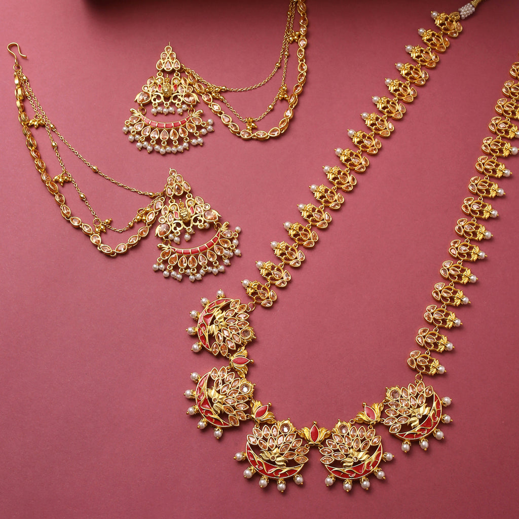 Apsara Bridal Red Enamelled with Pearl Traditional Golden Bridal Set ...