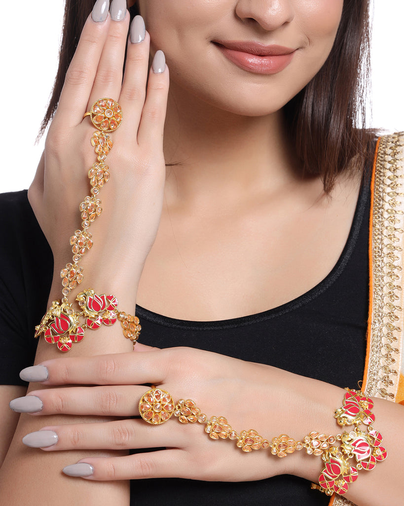 Apsara Gold Toned Lotus Motifs Faux Kundan Brass Haath Phool – VOYLLA