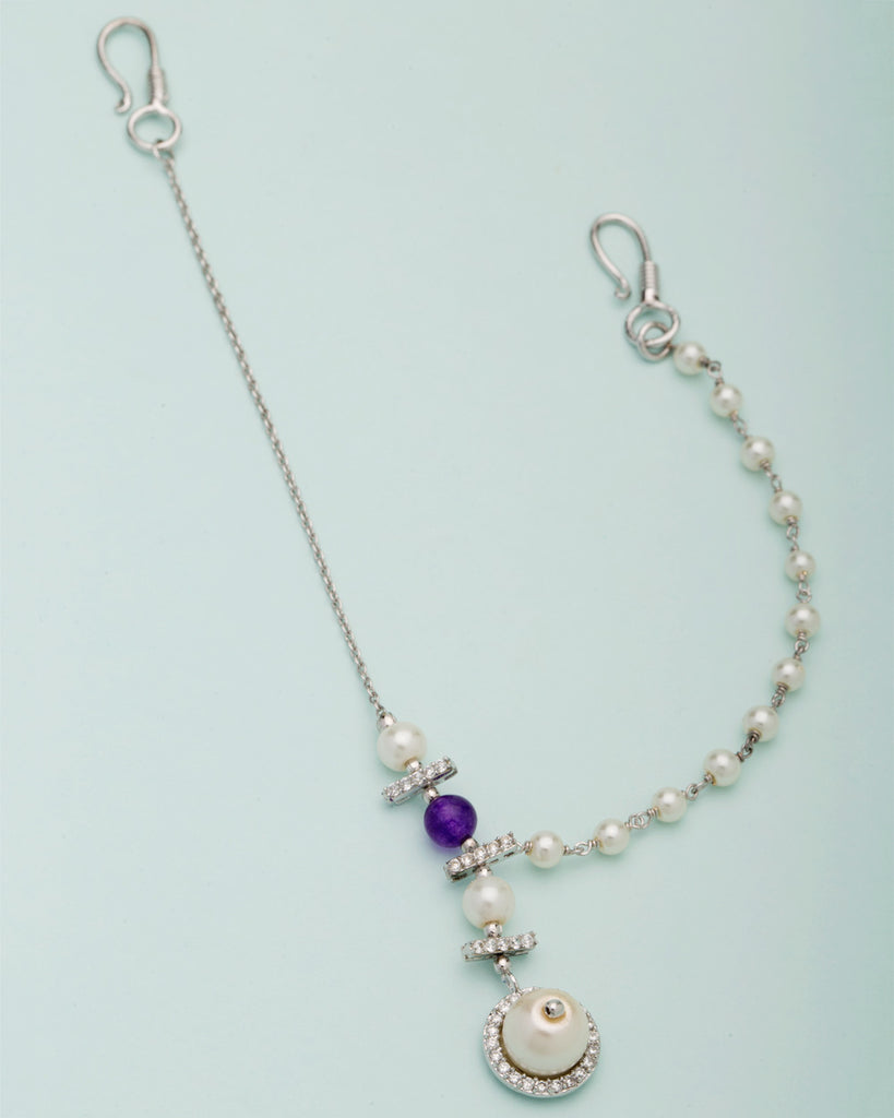 White & Blue Pearl Studded Matha Patti For Women – VOYLLA